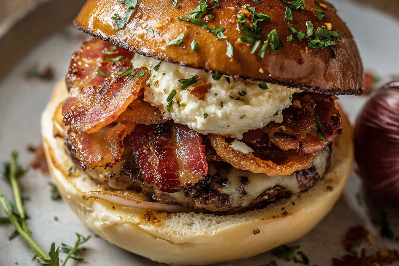 Whipped Feta & Garlic Butter Bacon Smash Burgers